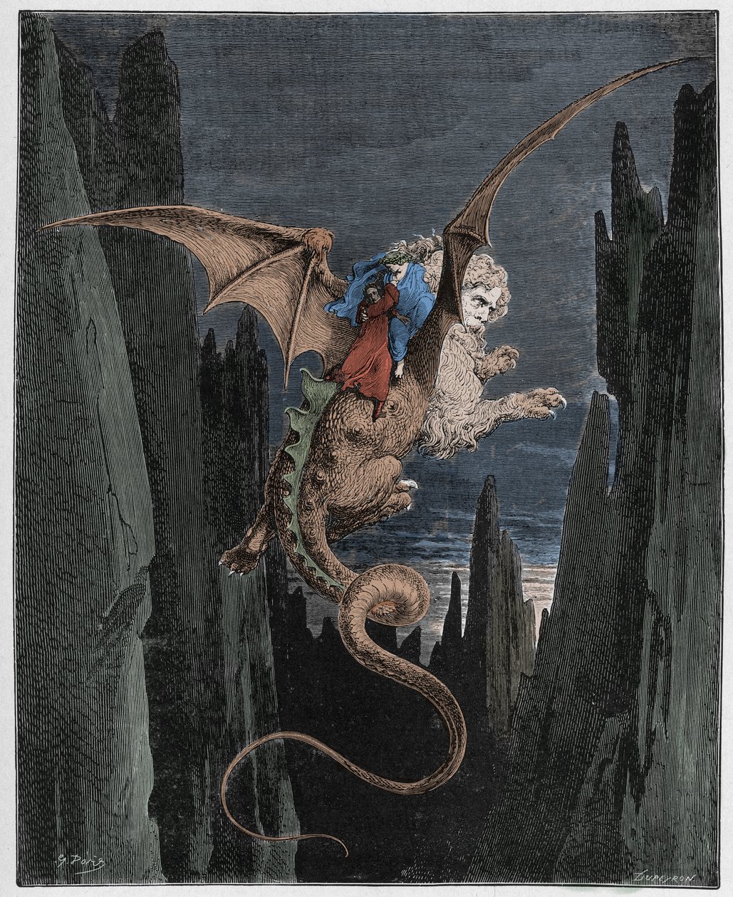 Inferno, Canto 17: The descent into the abyss on Geryon's back (illustration from The Divine Comedy)